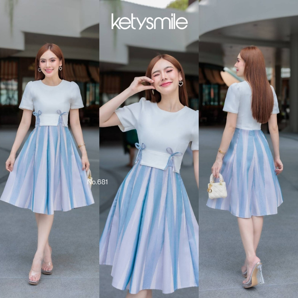 Kety Smile ชุดเดรสผ้าทอลาย คอกลม แต่งโบว์เอว ผูกโบว์เองได้ กระโปรงบาน 8 ชิ้น สีพาสเทล (S-2XL ...