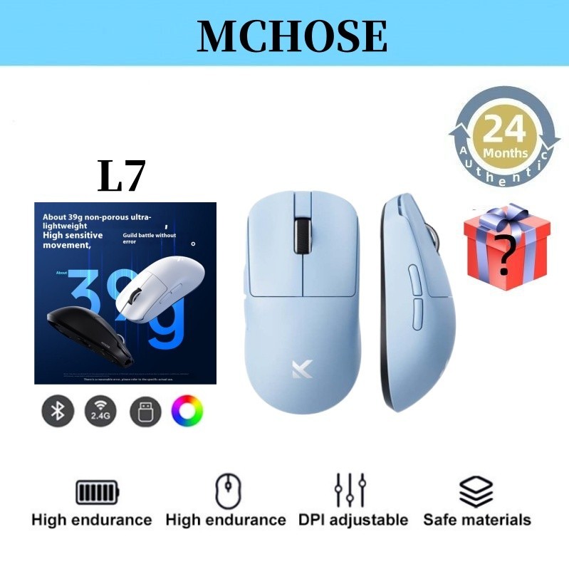 Mchose L7 เมาส์วิดีโอเกมไร้สายสามโหมด PAW3395 รองรับอัตราการคืน 8K คู่ 0.125ms ดีเลย์ต่ําพิเศษ ...