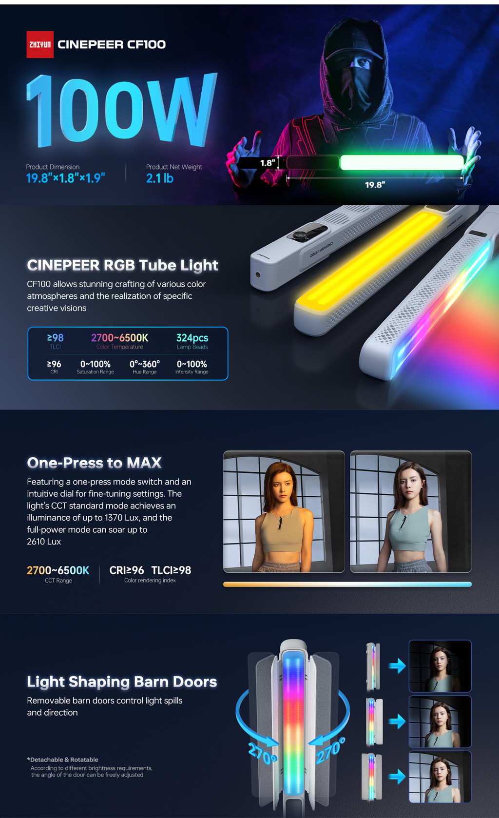 Zhiyun Cinepeer Cf100 100w Led Video Light Wand แท งไฟแบบพกพา Shopee
