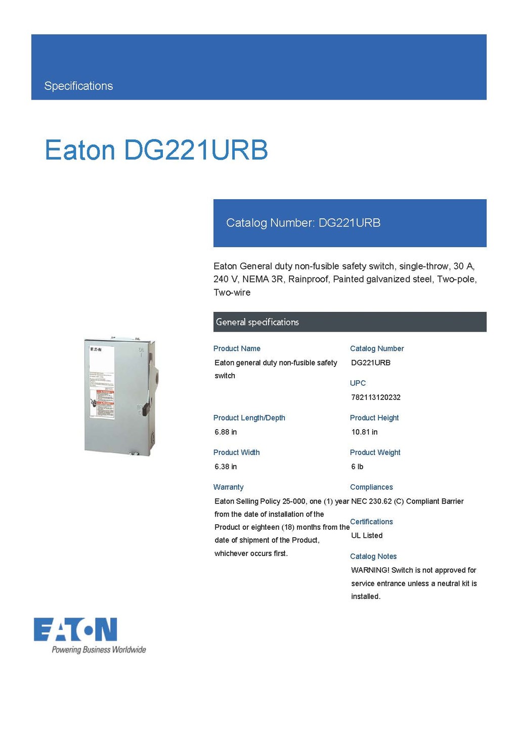 EATON Safety Switch 30A ใช้กับไฟ 1เฟส 2สาย 240V แบบไม่มีฟิวส์ ใช้เป็น ...