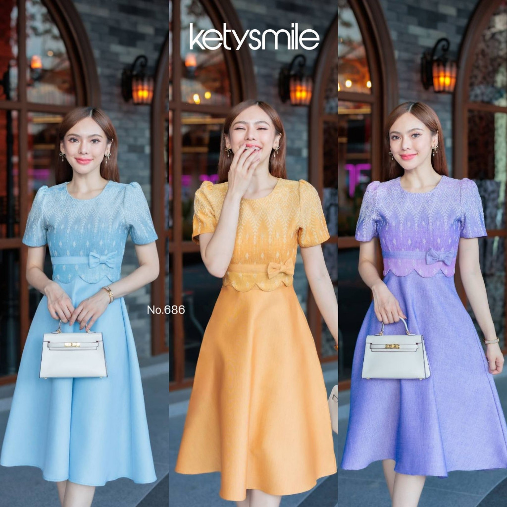 Kety Smile ชุดเดรสผ้าทอลาย คอกลม กระโปรงทรงย้วย เอวหยักแต่งโบว์ งานอัดกาวทั้งชุดทุกชิ้น (S-5XL ...