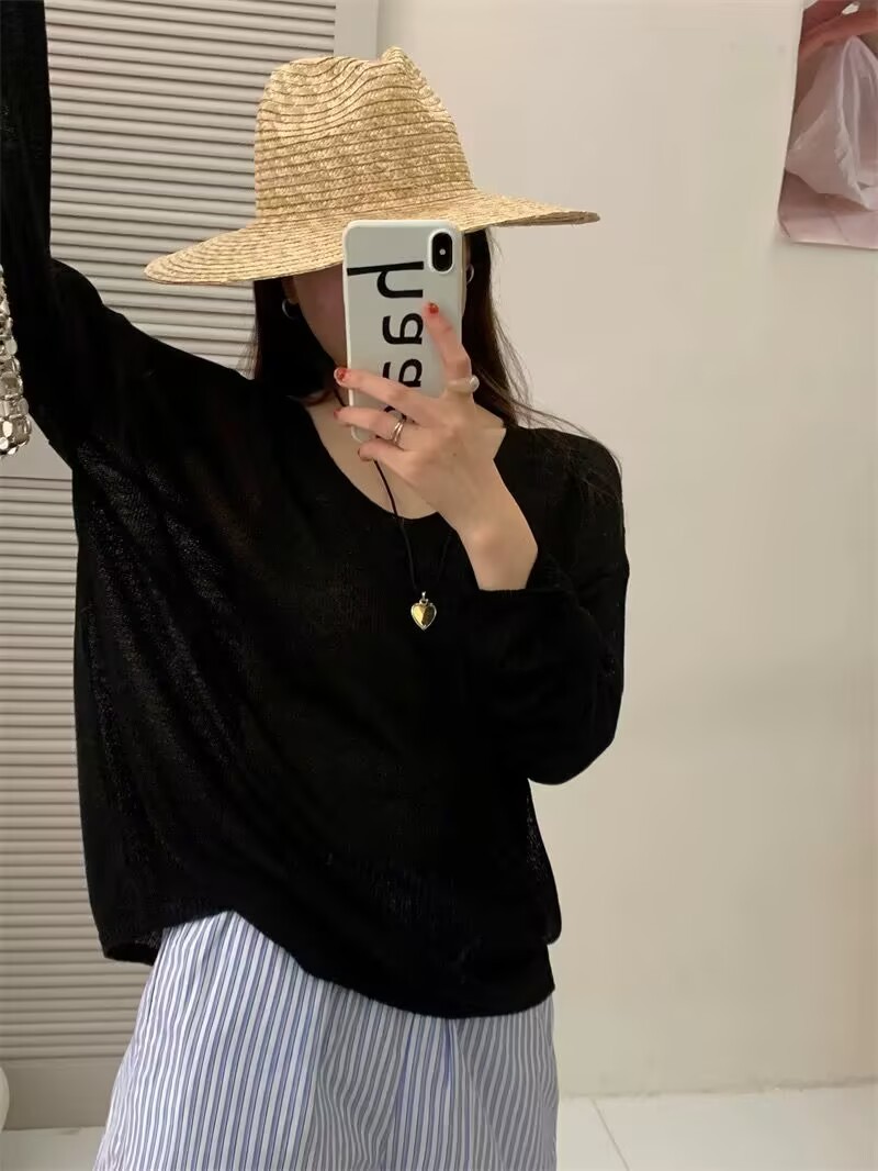 ฤดูร้อนถัก Sun-Protective Smock, คอวีหลวมและโปร่งใสเล็กน้อยถักเสื้อกัน ...