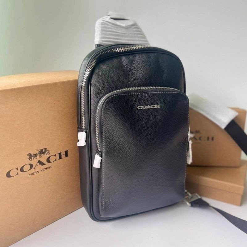 เป้คาดอกทรงยอดฮิตสีดำ New Coach Ethan Black Pebbled Leather Sling Pack ...