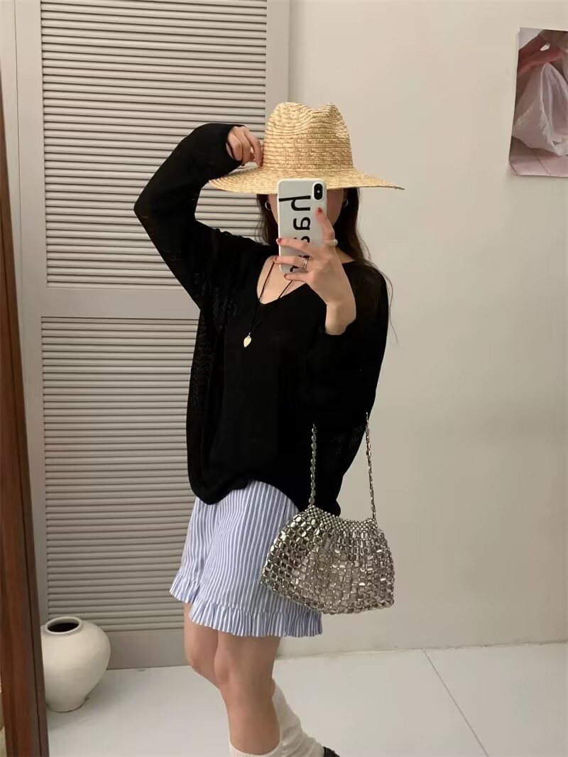 ฤดูร้อนถัก Sun-Protective Smock, คอวีหลวมและโปร่งใสเล็กน้อยถักเสื้อกัน ...