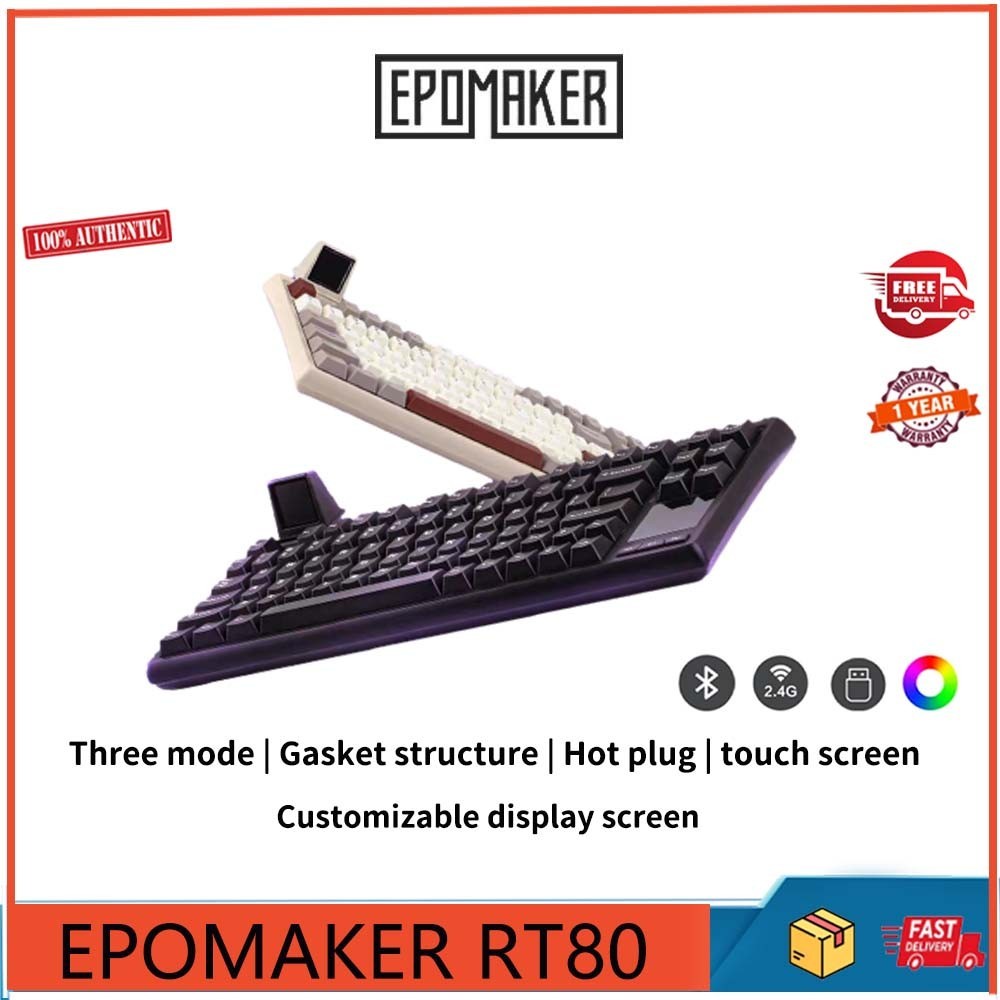 Epomaker RT80 คีย์บอร์ดเชิงกลแบบกําหนดเองสามโหมด, จอแสดงผลหน้าจอสัมผัส, โครงสร้างทางประตู, ปลั๊ ...