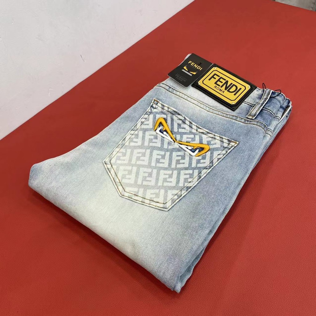 Fendi High Luxury Simple ยุโรปอินเทรนด์แบรนด์กางเกงยีนส์ปัก Slim Fit ...