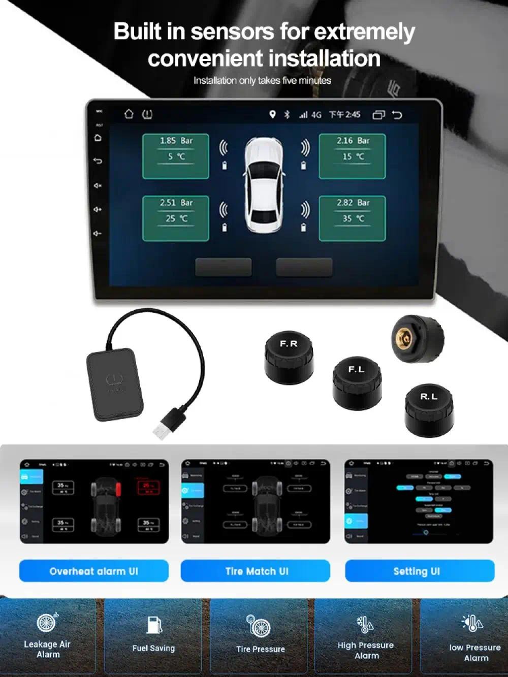 Usb Android รถ TPMS ระบบตรวจสอบความดันยางระบบนําทาง Android TPMS พร้อม 4 เซ็นเซอร์ระบบเตือนภัย ...