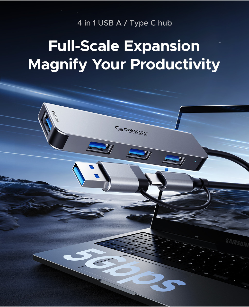 Orico USB 3.0 HUB 5Gbps 7-Port USB A Type C HUB สําหรับ iPad MatePad ThinkPad อุปกรณ์เสริม ...