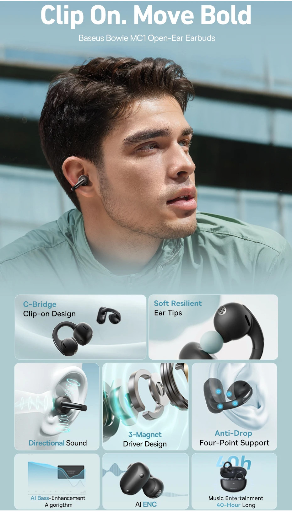 Baseus MC1 Clip-On Sports Earbuds Ear Clip หูฟังไร้สายบลูทูธ 5.4 หูฟัง ...