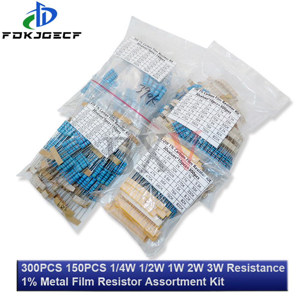 1/4w 1/2W 1W 2W 3W 300PCS 150 ชิ้น/เซ็ตความต้านทาน 1% โลหะฟิล์ม ...