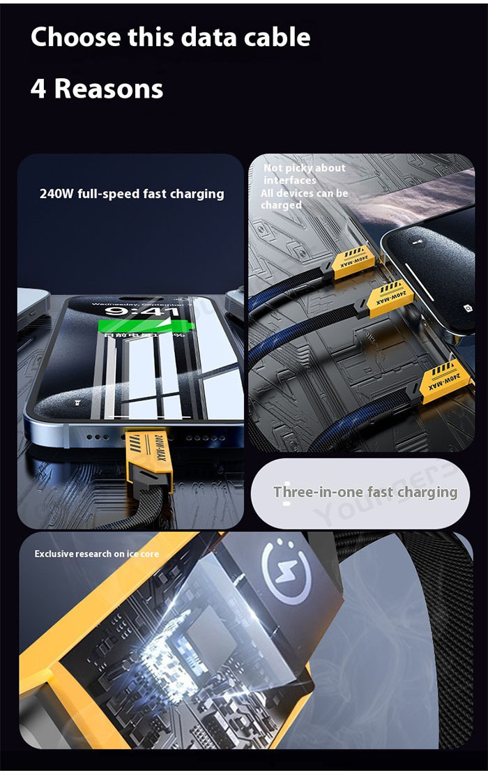 3 In 1 Cyber Mech Wind Charger Cable,240W Fast สายชาร์จ,สังกะสีอัลลอยด์ ...