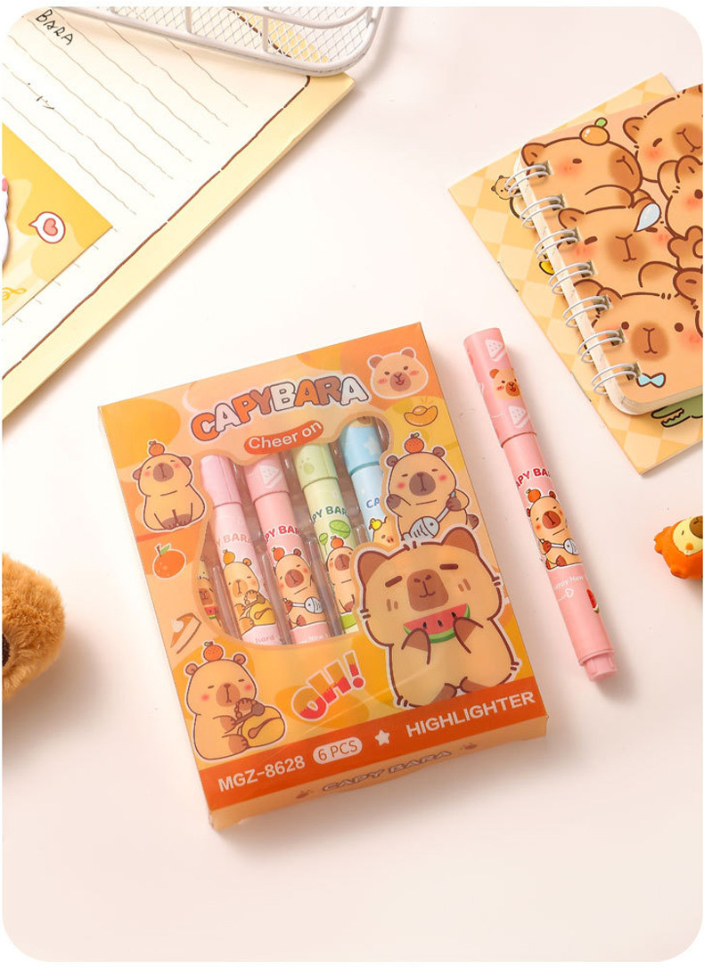 6 สีชุด Kawaii Capybara Highlighters ความงามพาสเทล Mildliner ปากกามาร์ก ...