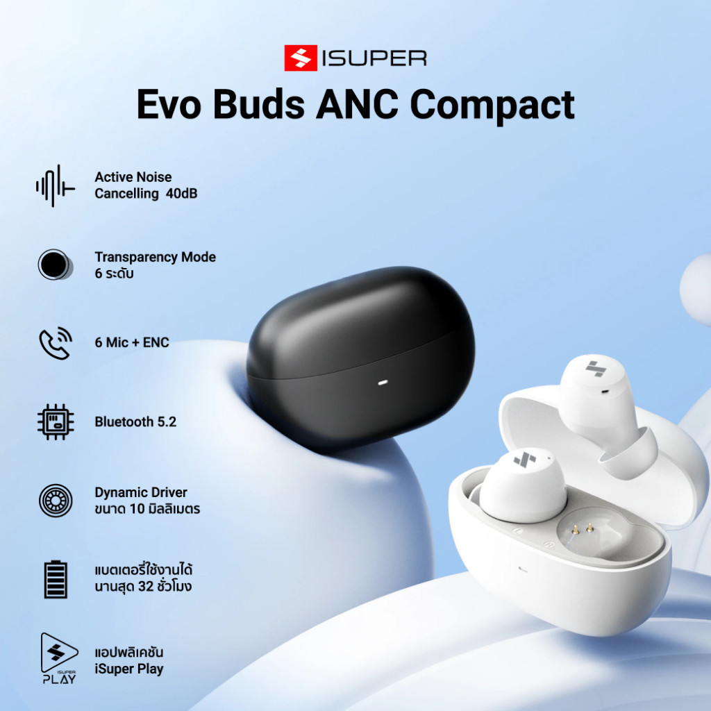 เสียงชัด [ลดเหลือ 879] iSuper Evo Buds ANC Compact หูฟังไร้สาย ตัดเสียง ...