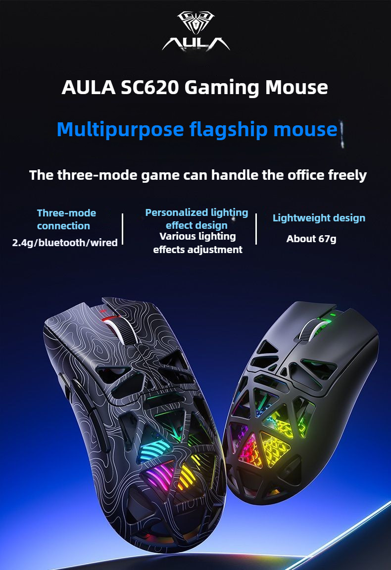 AULA SC620 เมาส์ Tri-mode ไร้สายแบบมีสายน้ําหนักเบา Topography Hollow ...
