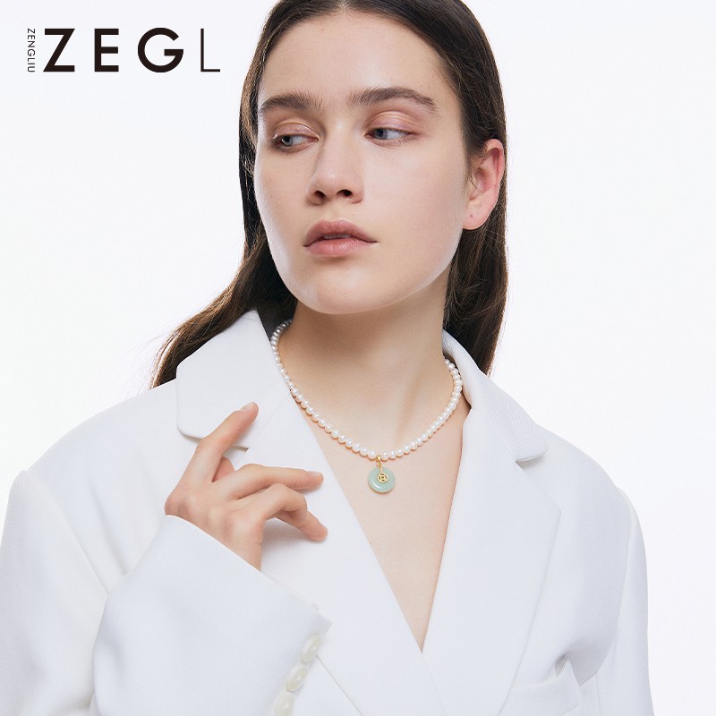 > ZEGL สีฟ้าแผ่นหยกสร้อยคอมุกน้ำจืดหญิงแสงหรูหราเฉพาะความรู้สึกระดับไฮ ...