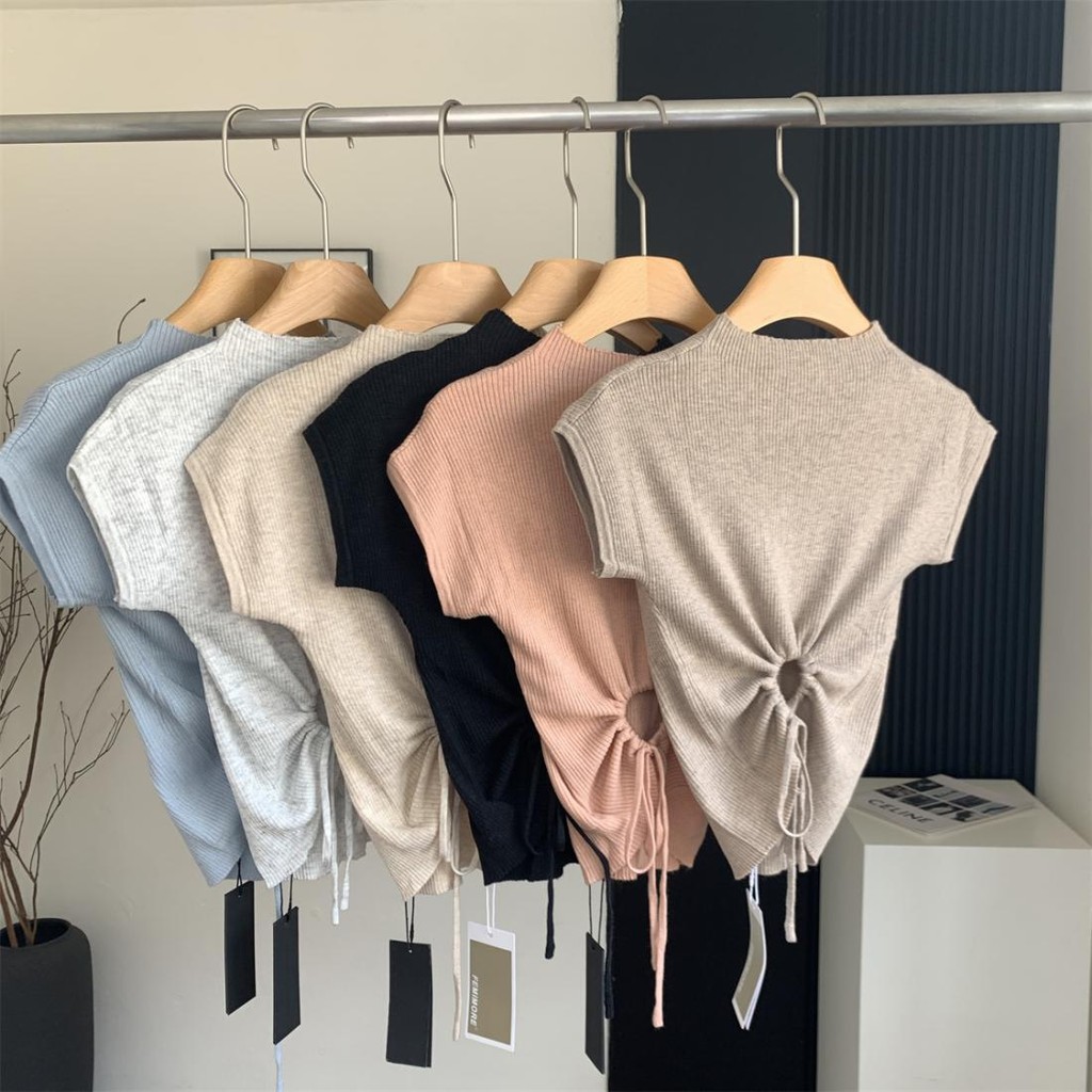 French Niche Laced-Up ถักแขนสั้นเสื้อยืดผู้หญิงฤดูร้อนอ่อนโยน Light ...