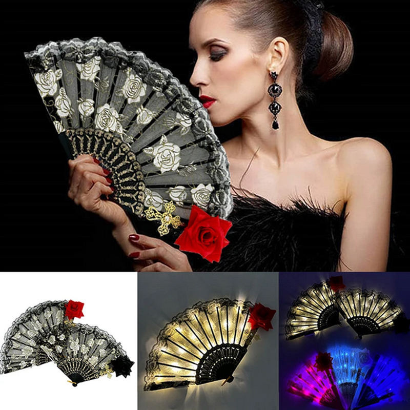 Led Luminous Lace Rose Fan Gorgeous Retro สไตล์ยุโรปพัดลมพับสไตล์ Dark ...