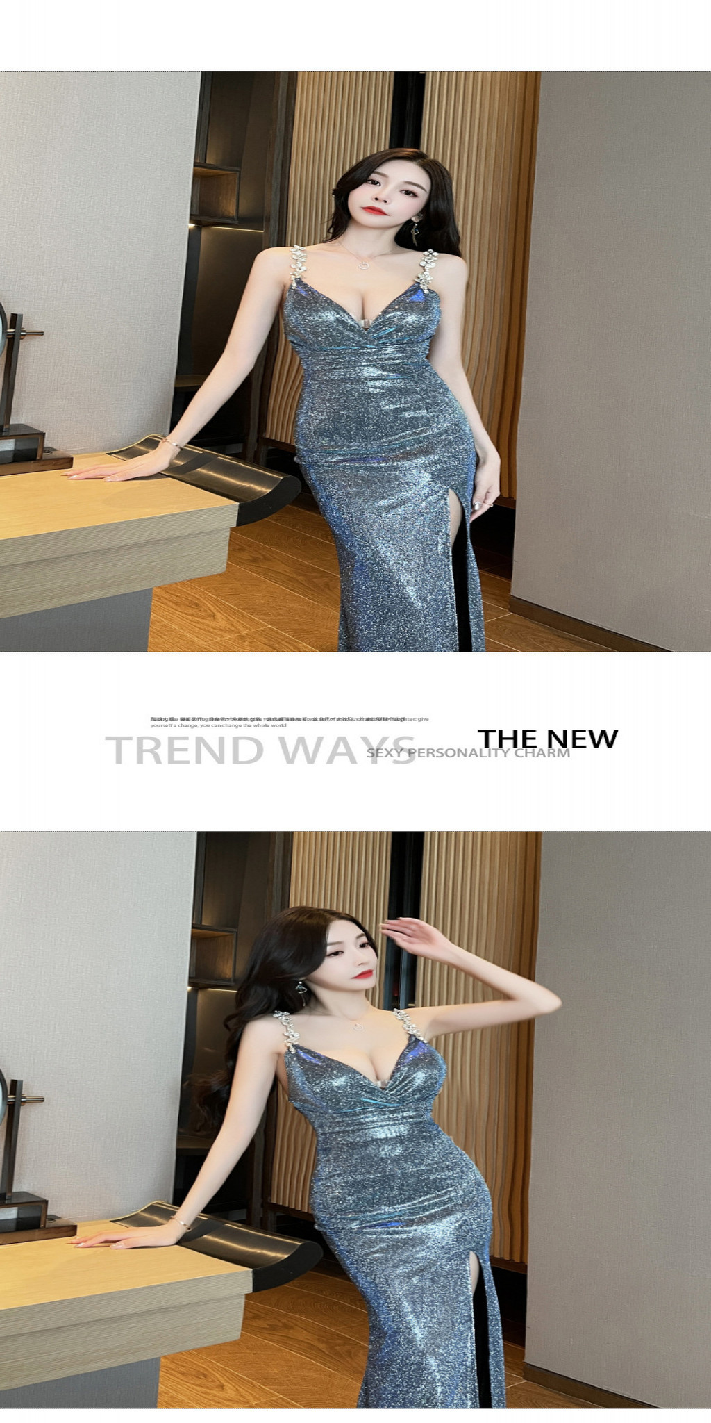 เดรสปักเลื่อมสีฟ้า ลายเส้นสูงถึงพื้น สไตล์บริสุทธิ์ คอกว้างเปิดไหล่ ...