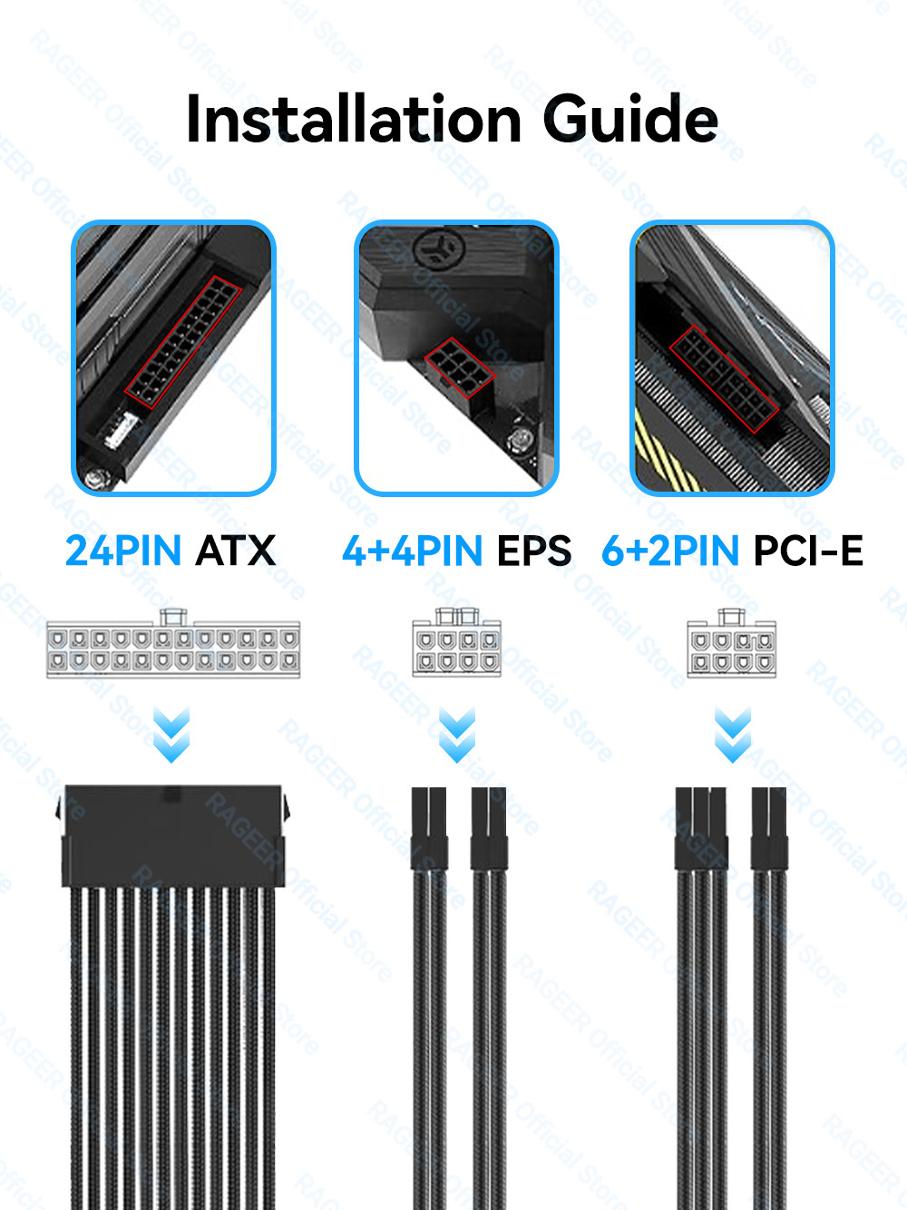 RAGEER PSU สายชุดเมนบอร์ด ATX 24Pin GPU PCI-E 6 + 2Pin 8Pin CPU EPS 4 ...