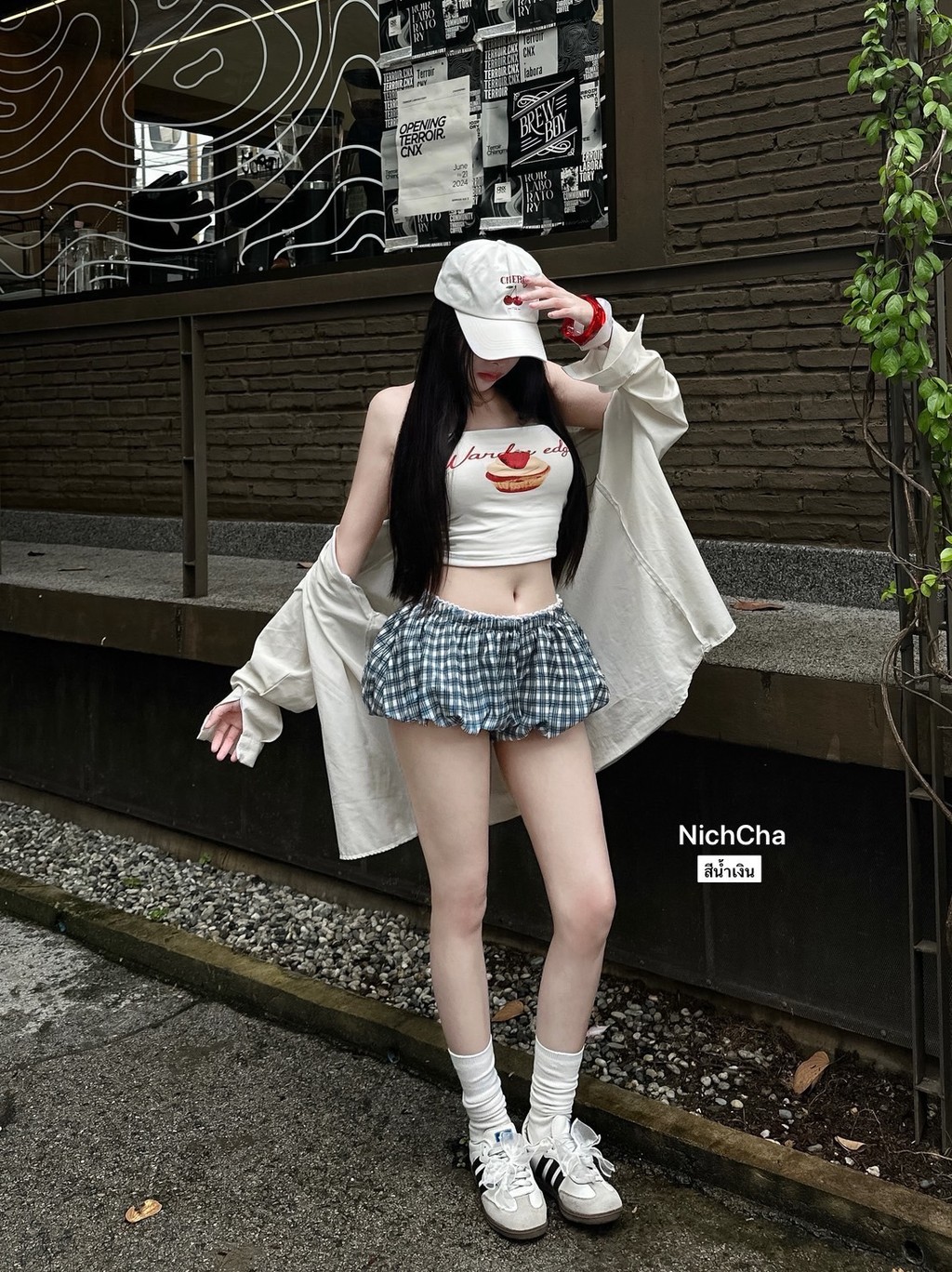 Nichcha Set3ชิ้น - เกาะอกย่นข้าง สกรีนคัพเค้ก - กางเกงบอลลูนเอวต่ำ ลายสก็อต | Shopee Thailand