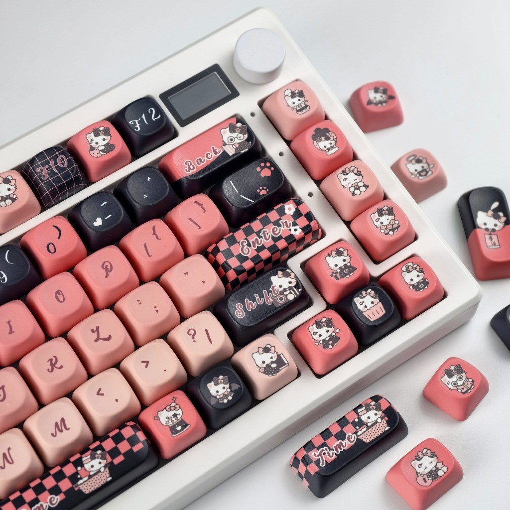 สีชมพูและสีดํา Hello Kitty Keycap 130 คีย์ PBT MOA โปรไฟล์ห้าด้าน Dye ...