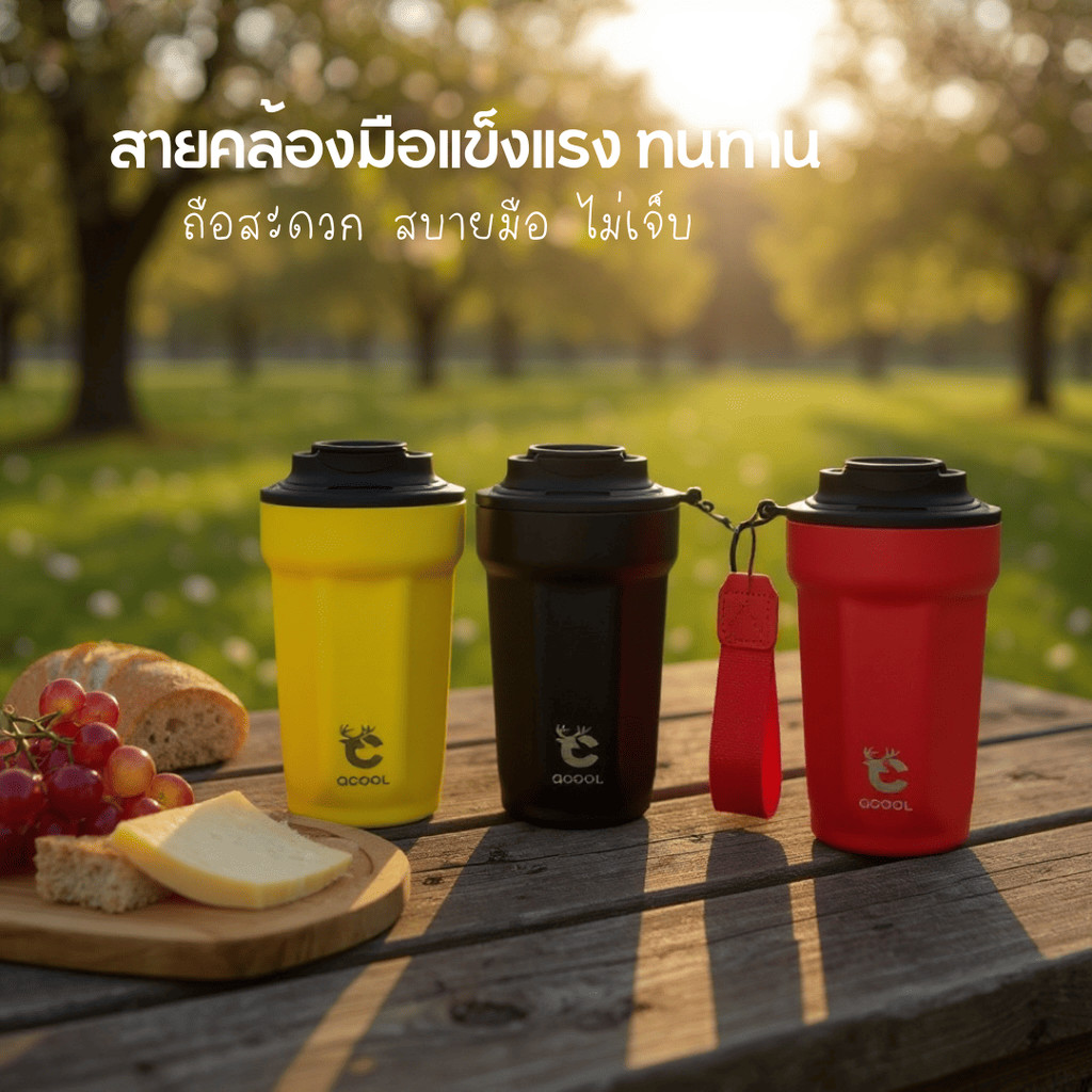 QCOOL 480ml แก้วสแตนเลสเคลือบเซรามิกเก็บความร้อนเย็น แก้วน้ำพกพาฝาแบบยกดื่มพร้อมสายคล้อง ...