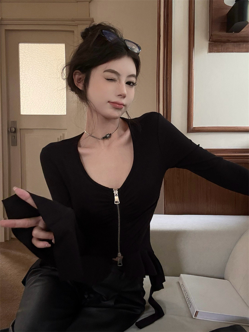 เสื้อครอปแขนยาว สีดำ ซิปคู่รูดปรับได้ ผ้าโพลิเอสเตอร์ เสื้อครอปแมงกระพรุน เข้ารูปชายเฉียง แขน ...