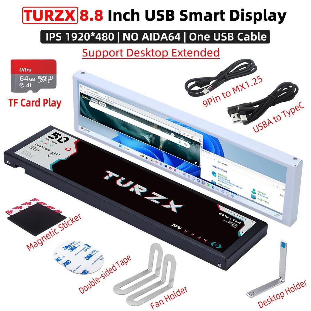 TURZX 8.8 นิ้วจอแสดงผลสมาร์ท USB หน้าจอรอง Type-C เดสก์ท็อปขยายเล่น TF ...