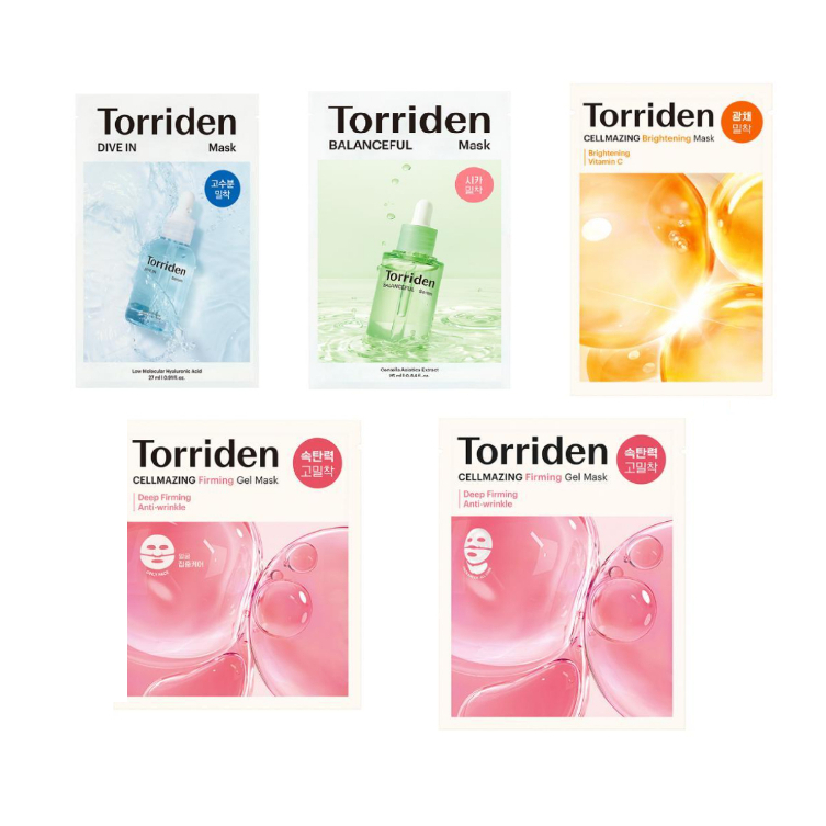 Torriden มาสก์แพ็ก 5 แบบ (กรดไฮยารูลอนิก โมเลกุลต่ํา, บาลานซ์ฟูลซิก้า, เพิ่มความกระจ่างใส, คอลลา ...