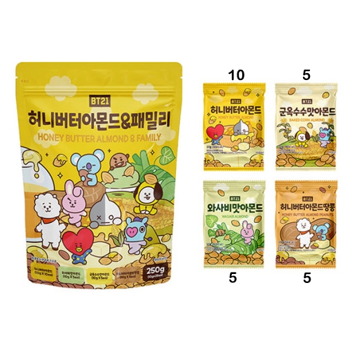 Bt21 อัลมอนด์ 250 กรัม ชุดสําหรับครอบครัว (25 ชิ้นต่อแพ็ก, 4 รส) เนยน้ําผึ้ง ถั่วลิสง วาซาบิ ...