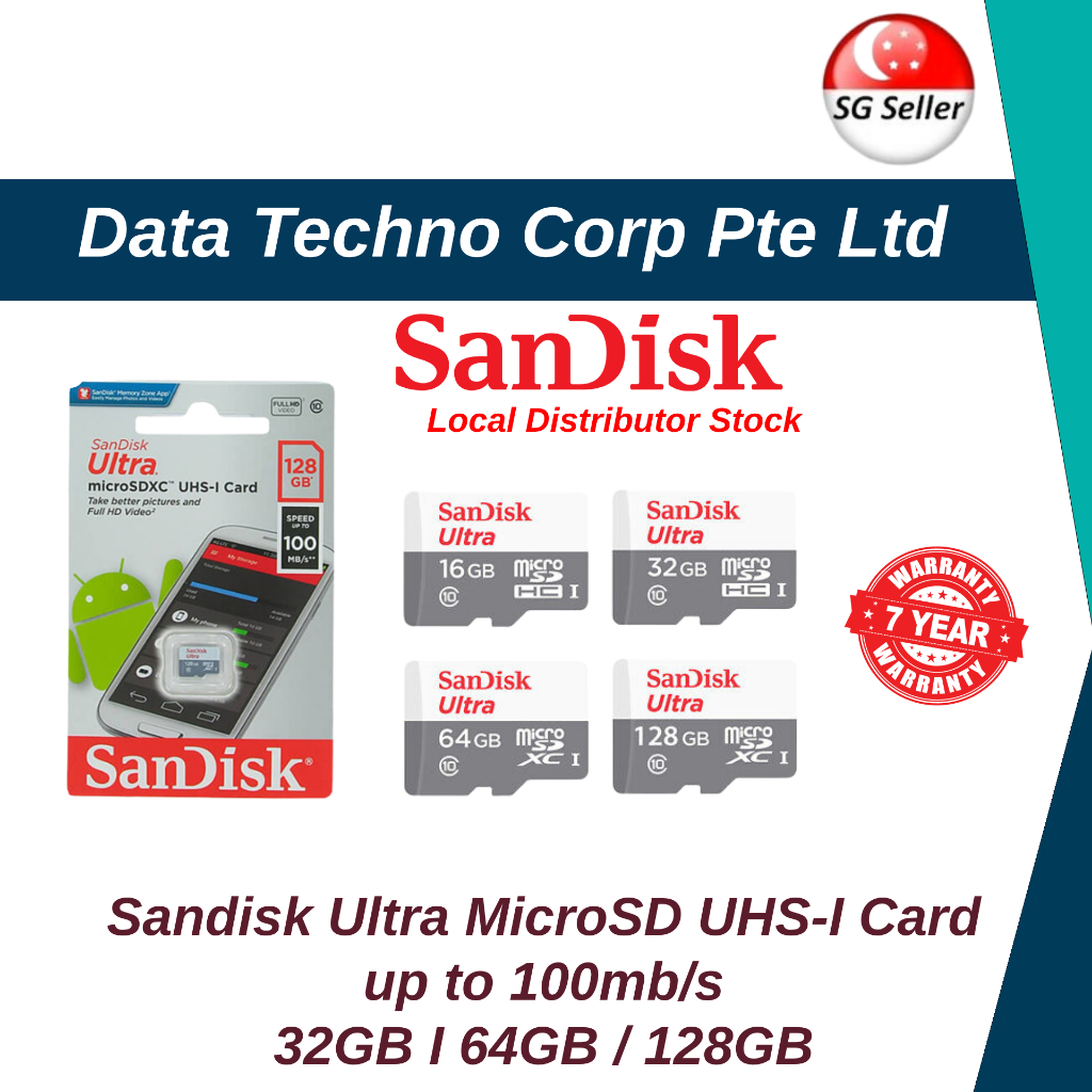การ์ด SanDisk Ultra MicroSD, SQUNR , C10, UHS-1, 100MB/s R, 3x5, 7Y - 32GB I 64GB I 128GB I ...