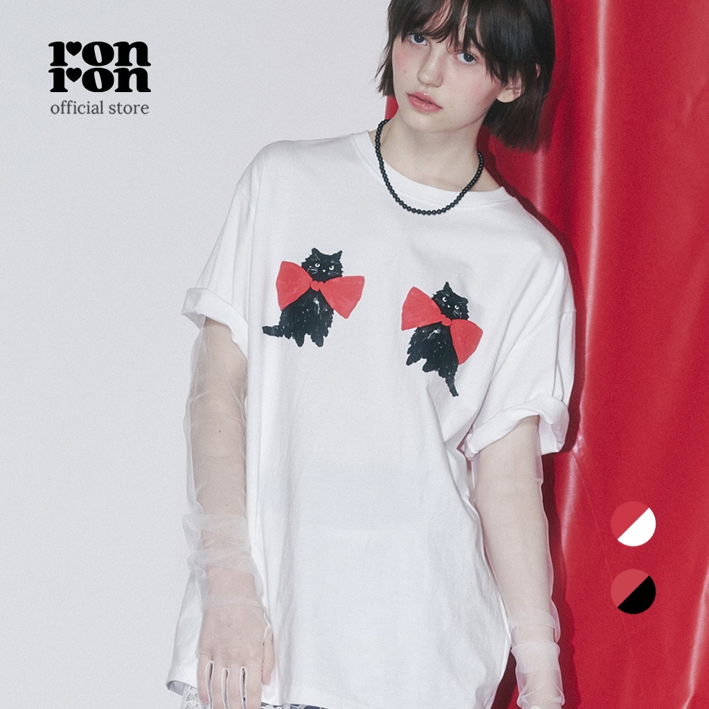 [RONRON] Ribbon Cats T Shirt / 2colors | Shopee Thailand