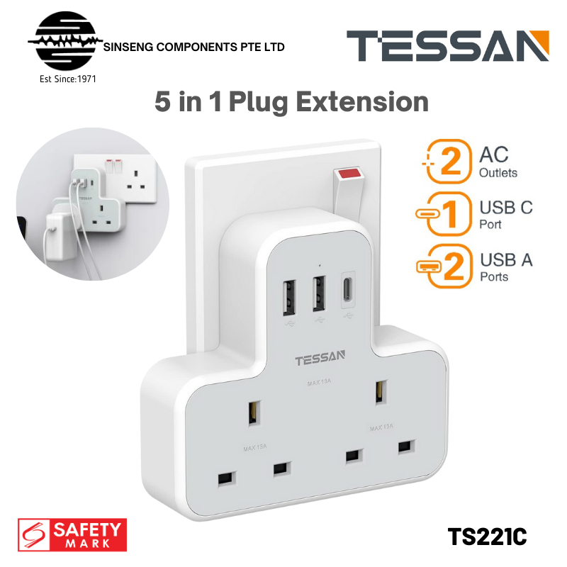 Tessan 5 in 1 Multi Double Plug Extension พร้อมพอร์ต USB และ Type C UK ...
