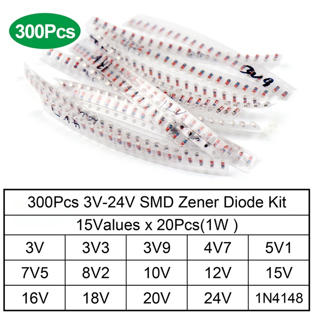 300Pcs SMD LL34 Diodes Kit 3V 3V3 3V9 4V7 5V1 7V5 8V2 10V 12V 15V 16V 18V 20V 24V 1N4148 1/2W ...