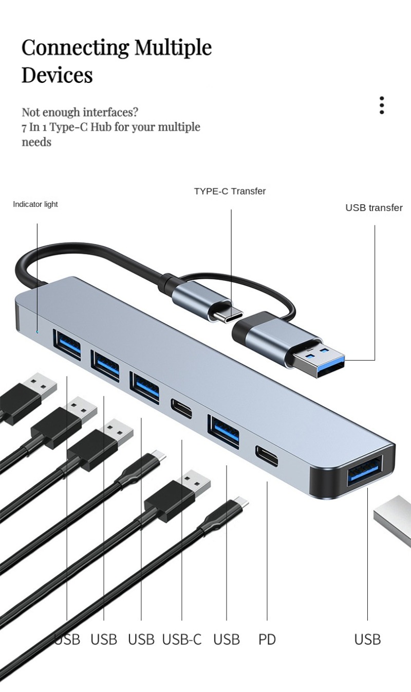 Seven In One USB C Hub พร้อมเครื่องอ่านการ์ดอะแดปเตอร์ HDMI OTG USB 3.0 ...