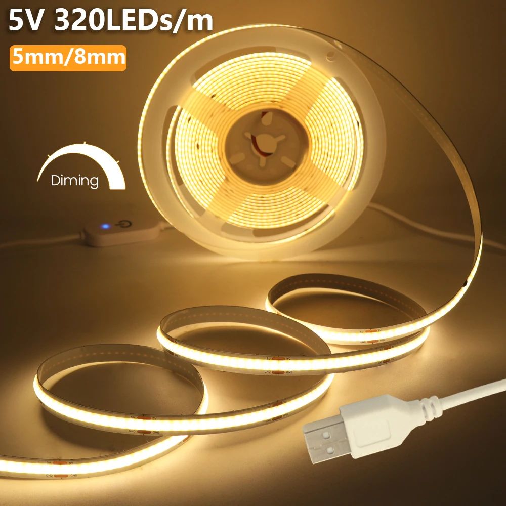 Usb COB LED Strip Touch Dimmer 5V 320LEDs/m ยืดหยุ่นไดโอดเทป Linear โคม ...