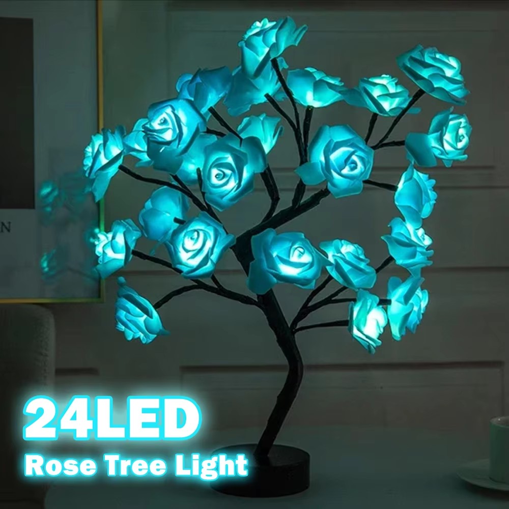 24 LED Rose Tree ไฟ Fairy ดอกไม้ Night Light ปลั๊ก USB โคมไฟตั้งโต๊ะ ...
