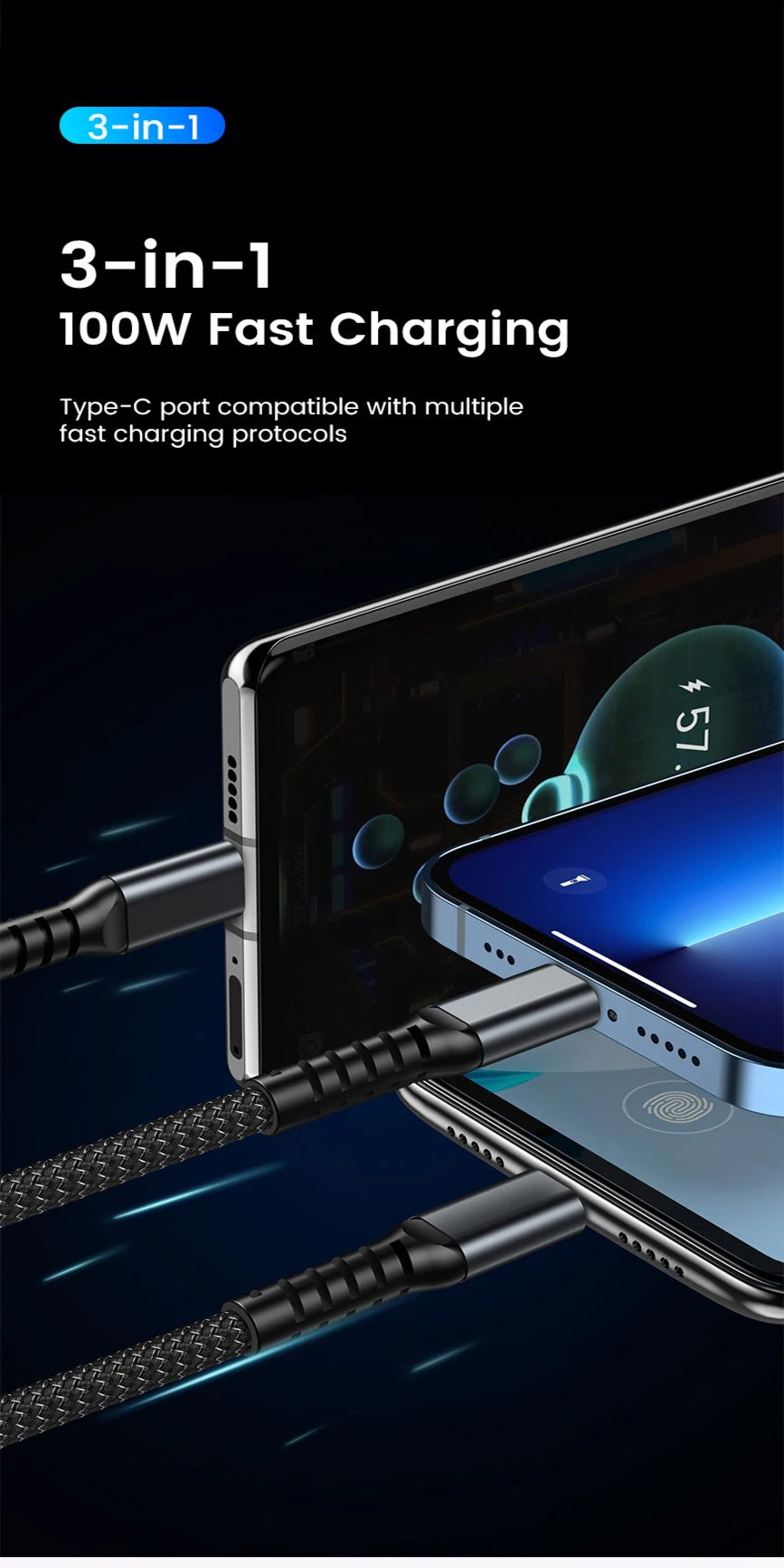 3 In 1 Usb 100w สําหรับการชาร์จอย่างรวดเร็วและข้อมูล Mini Usb Type C ...