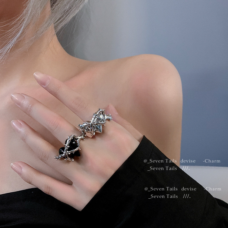 Thorn love heart ring Harajuku dark wind ring niche design Open adjustable couple finger ring ...