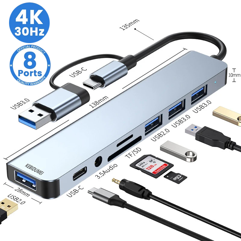 Usb c Hub USB Splitter 8 in 2 USB Extender USBC Type c Dock Station TF ...