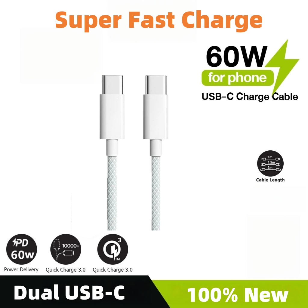 สายชาร์จ Dual USB-C 60W ซุปเปอร์ฟาสท์แบบถักไนลอน Type C ถึง C สำหรับ ...