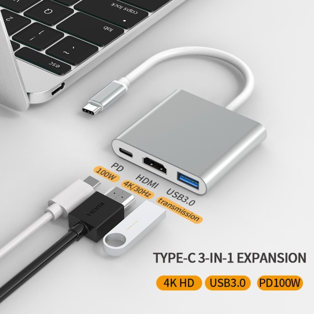 Type C 3 in 1 ขยายอะแดปเตอร์ HDMI มัลติฟังก์ชั่น USB-C Docking Station ...