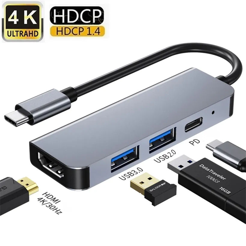 4 in 1 Type C Hub Adapter พร้อม HDTV HDMI 4K PD ชาร์จ USB Hub 3.0 4 ...