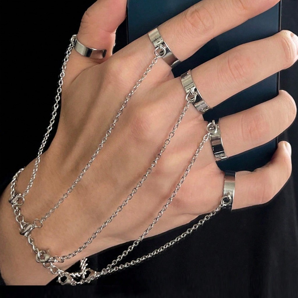 1 Punk Hip Hop Finger Conjoined สร้อยข้อมือแหวนเปิดแหวนที่ถอดออกได้ ...