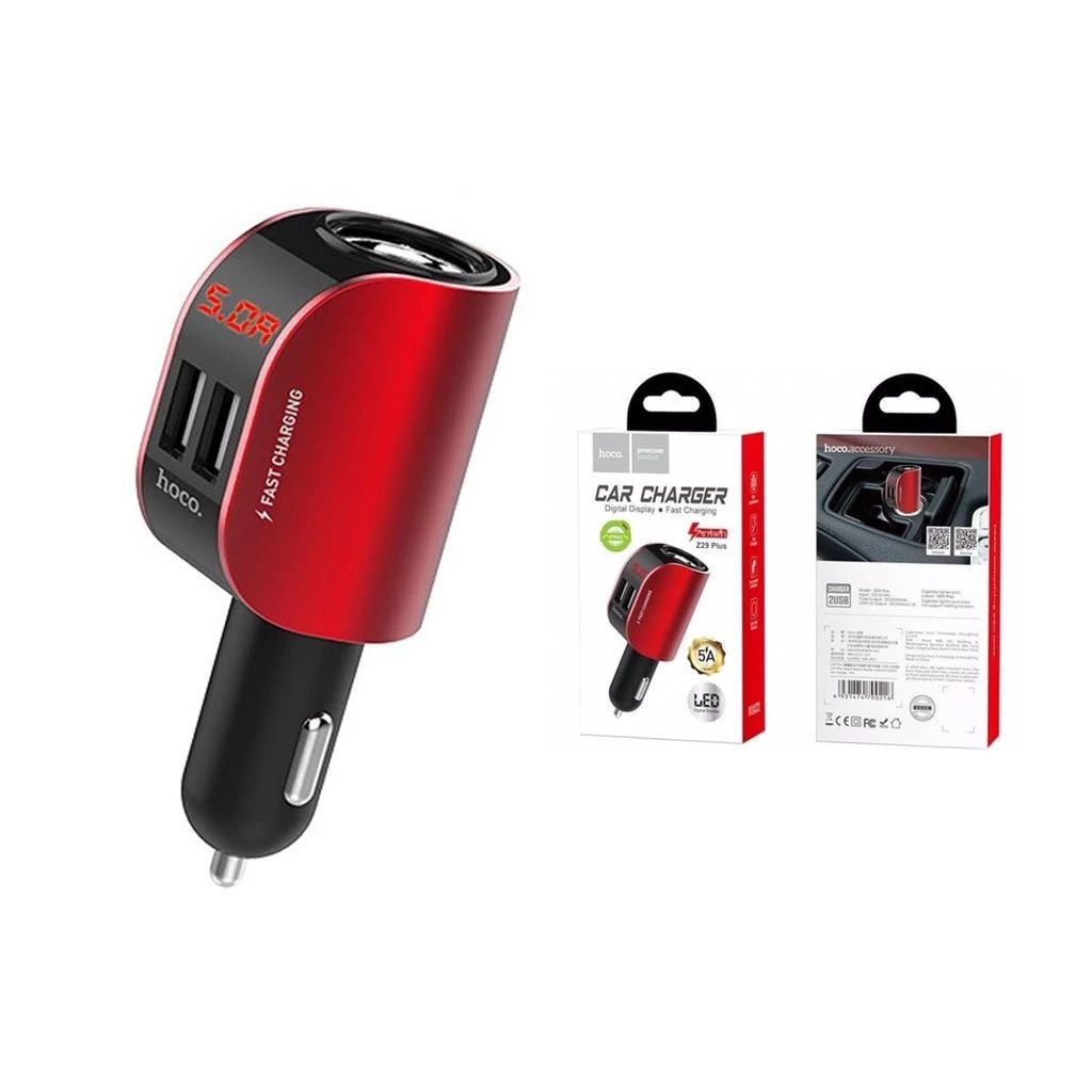Hoco Z29 Plus ที่ชาร์จในรถ Dual USB 5A Max Car Charger LED Digital Display สีแดง | Shopee Thailand