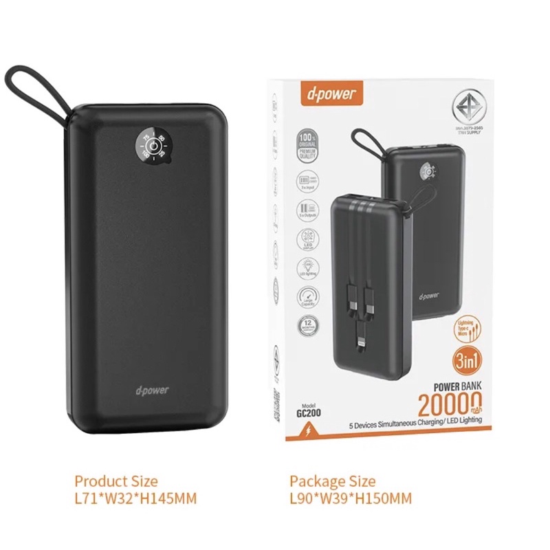เเบตสำรอง Dpower รุ่น GC100 10000mAh มีสายชาร์จในตัว 3 in 1 / Power ...