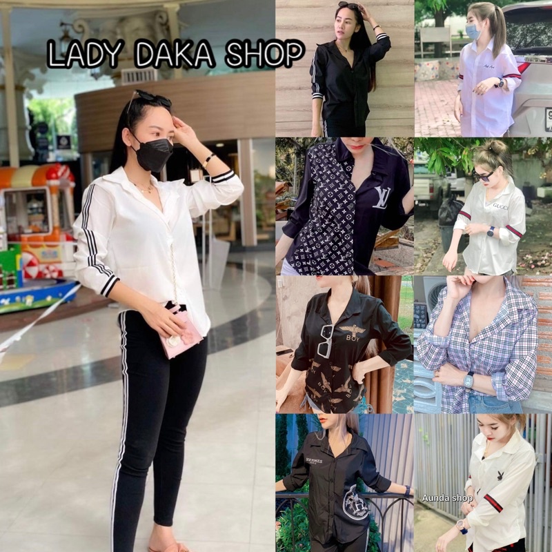 💛LADY DAKA SHOP💛 เสื้อเชิ้ตแขนยาวสีขาวแต่งแถบกับเลกกิ้งหนาแทบขาว2แถบ ใส่สบาย สวยๆ | Shopee Thailand