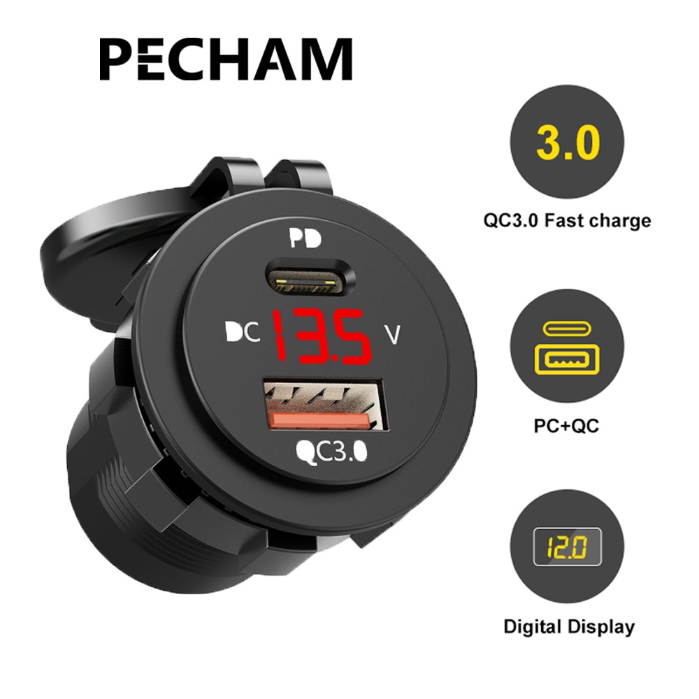 PECHAM อะแดปเตอร์ปลั๊กชาร์จ USB PD 3.0 พร้อมโวลต์มิเตอร์ LED และสายเคเบิล 12 24V สําหรับรถยนต์ ...