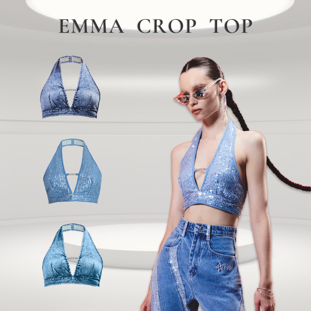 Merge Official - Emma Crop top (พร้อมส่ง) เสื้อยีนส์คล้องคอ ปักเลื่อม ...