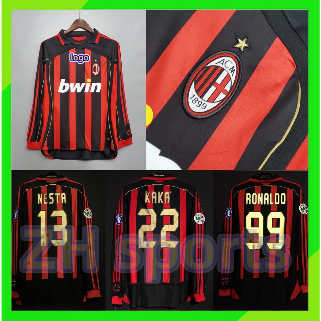 เสื้อกีฬาแขนยาว ลายทีมชาติฟุตบอล Milan 2006 2007 AC 06 07 AC Kaka 22 Nesta 13 Ronaldo 99 ...